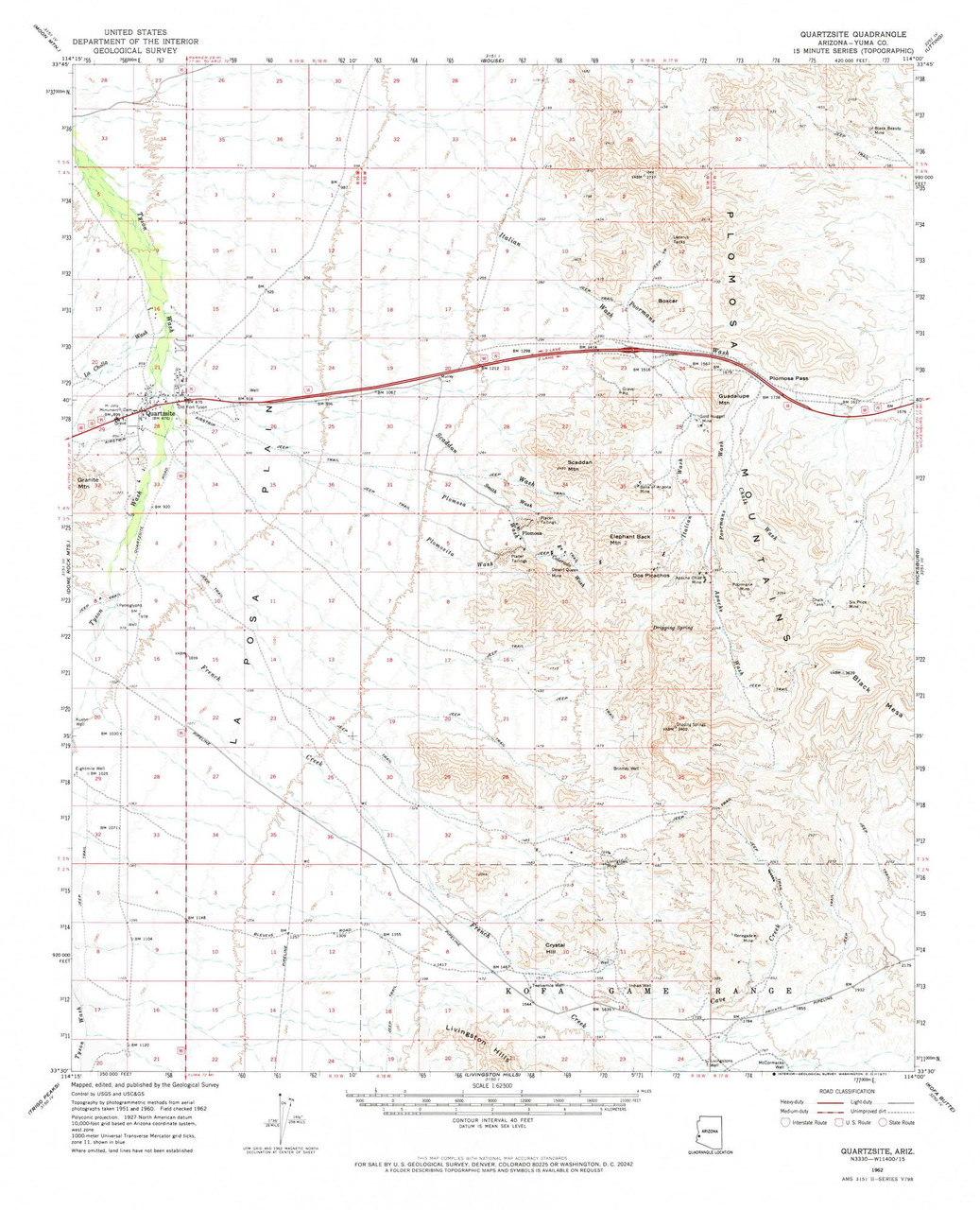 Quartzsite, Arizona 1962 (1971) USGS Old Topo Map Reprint 15x15 AZ Quad ...
