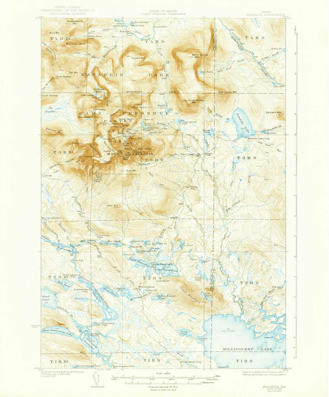 Katahdin, Maine 1930 (1939) USGS Old Topo Map Reprint 15x15 ME Quad ...