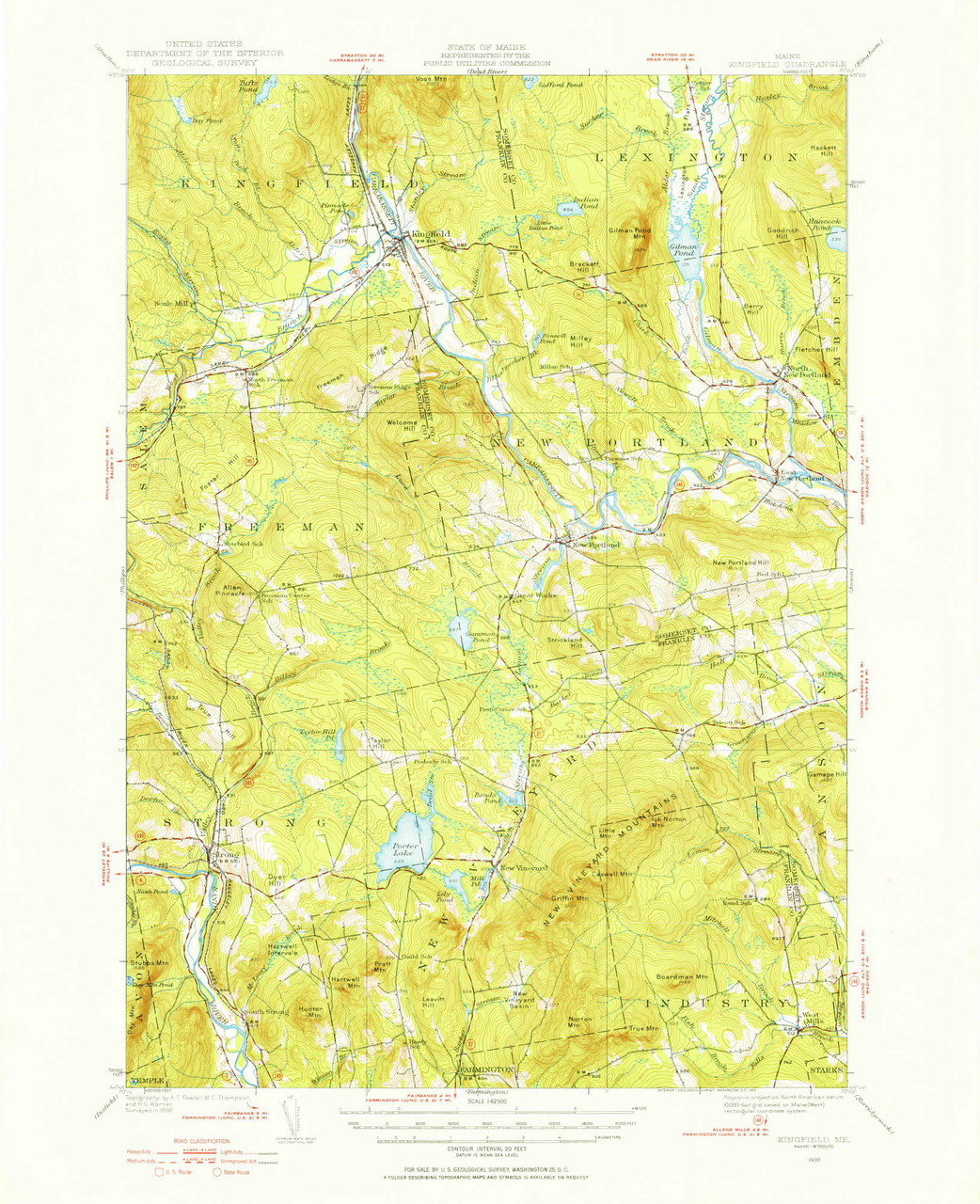 Kingfield, Maine 1930 (1955) USGS Old Topo Map Reprint 15x15 ME Quad ...