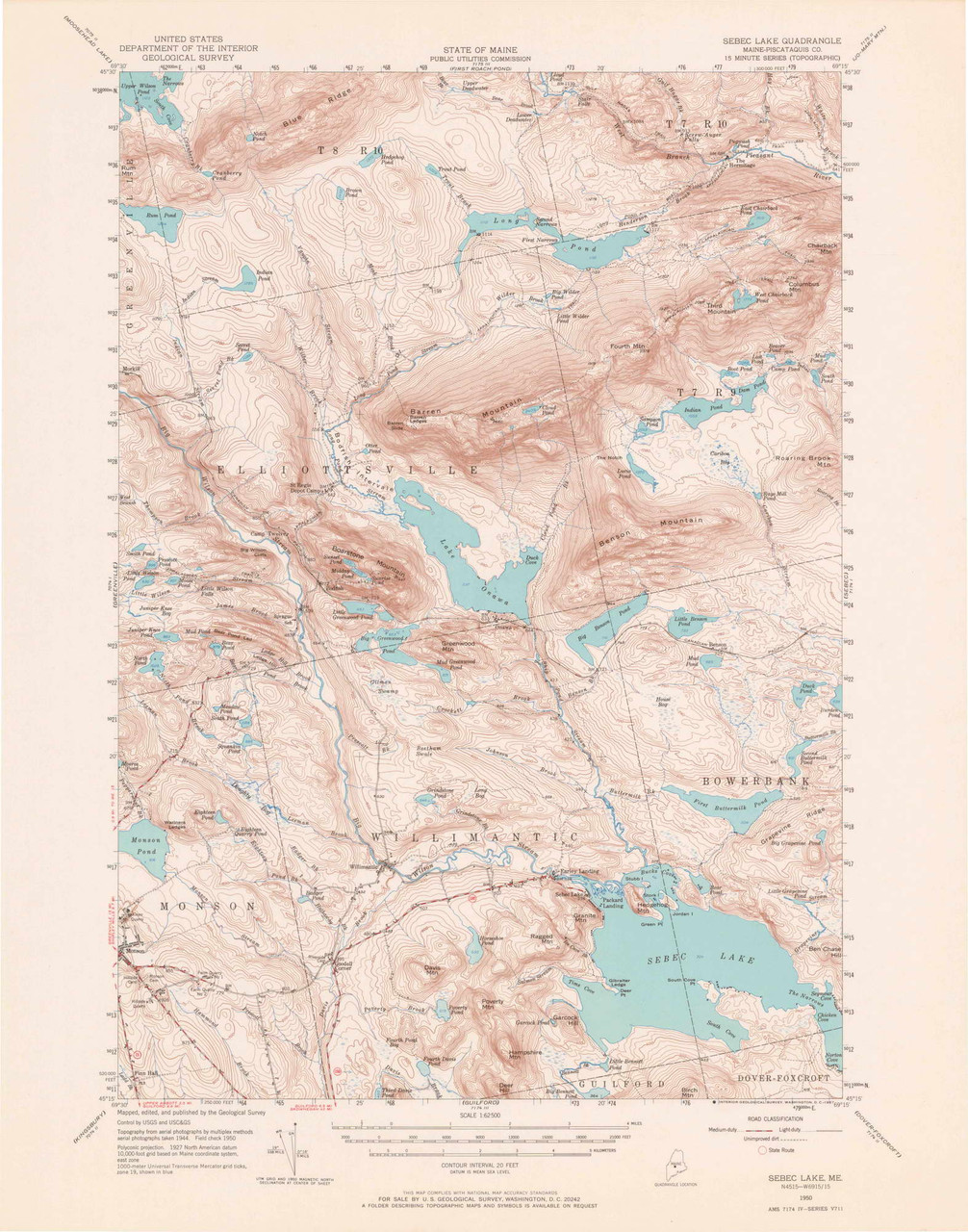 Sebec Lake, Maine 1950 (1967) USGS Old Topo Map Reprint 15x15 ME Quad ...