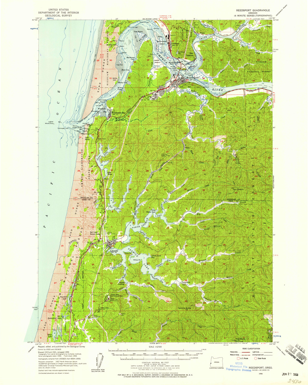 Reedsport Oregon 1956 1958 Usgs Old Topo Map 15x15 Or Quad Old Maps