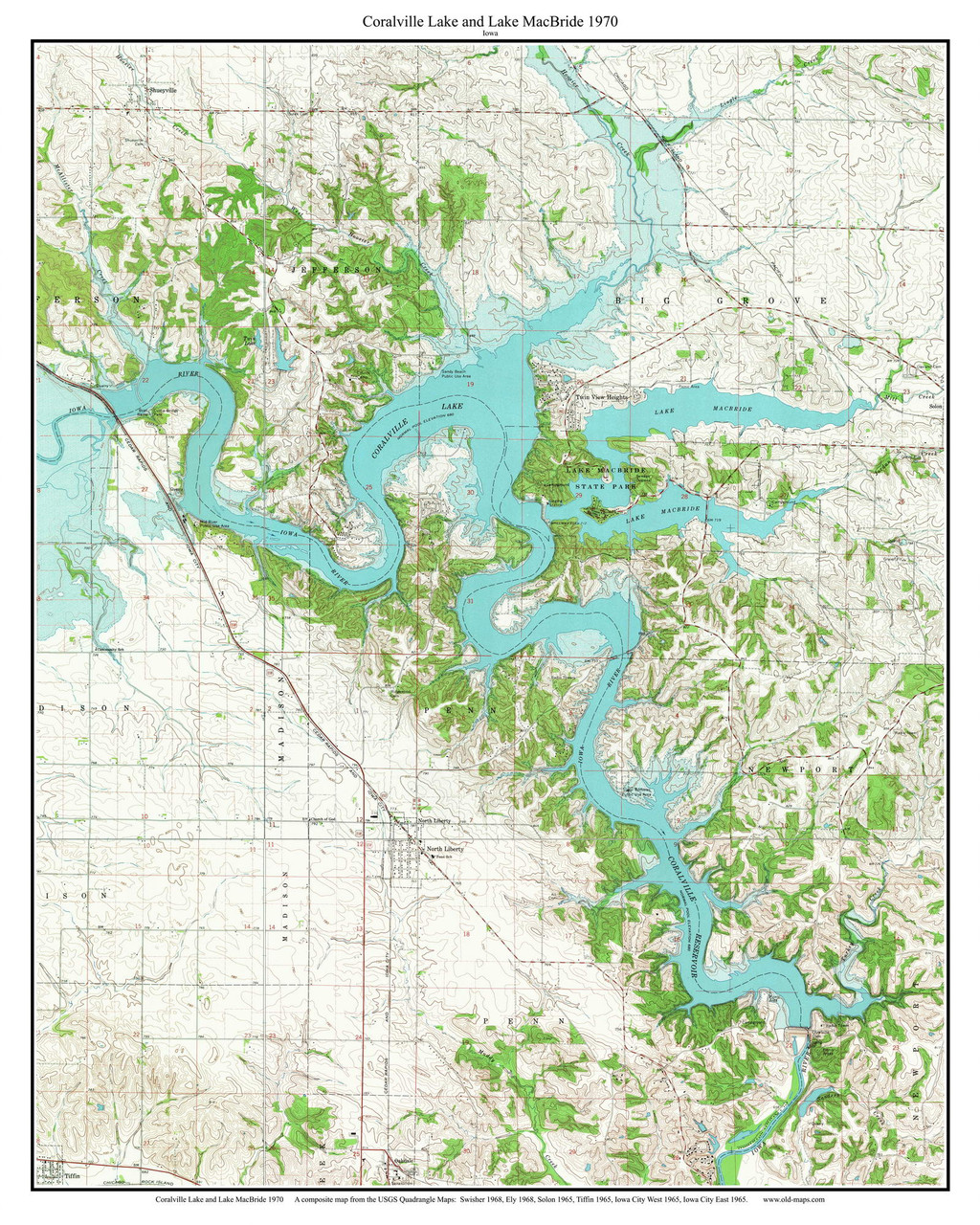 Coralville Lake and Lake Macbride 1968 - Custom USGS Old Topographic ...