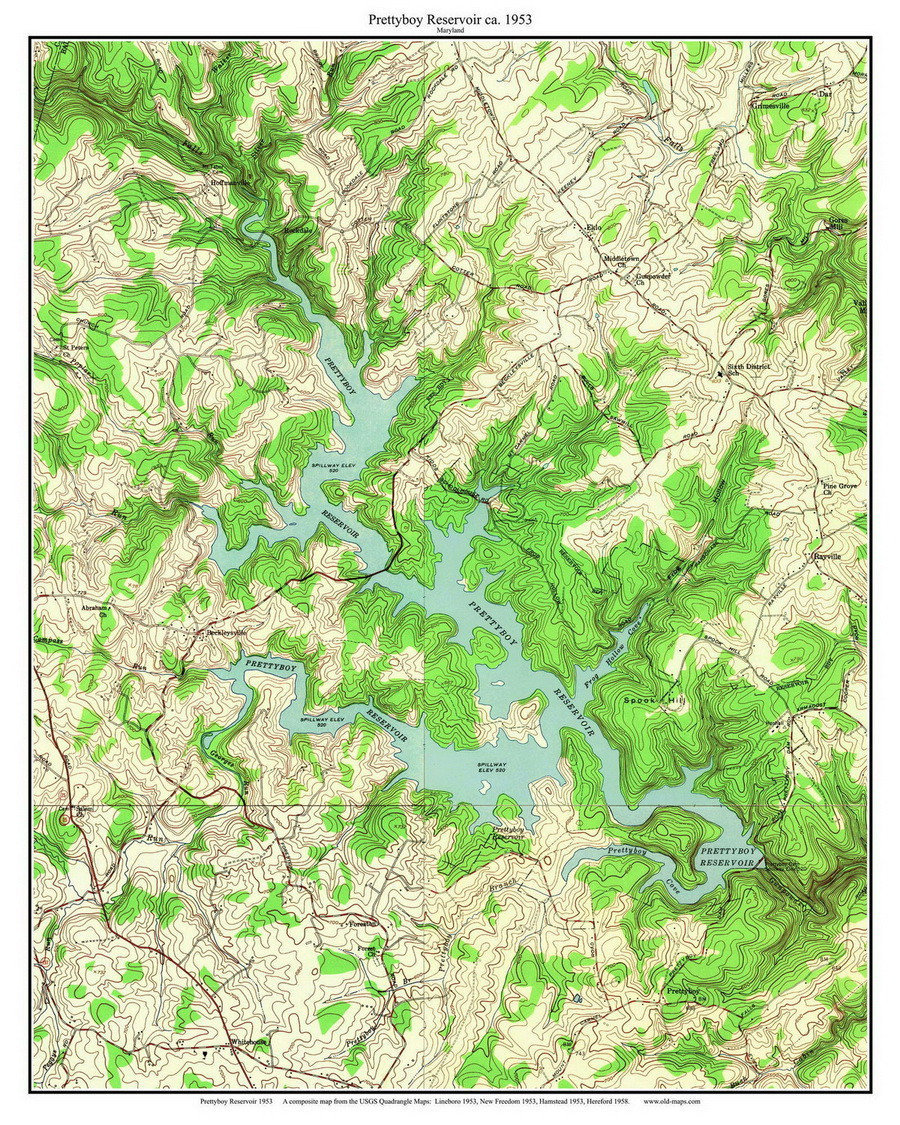 Prettyboy Reservoir 1953 - Custom USGS Old Topo Map - Maryland - OLD MAPS