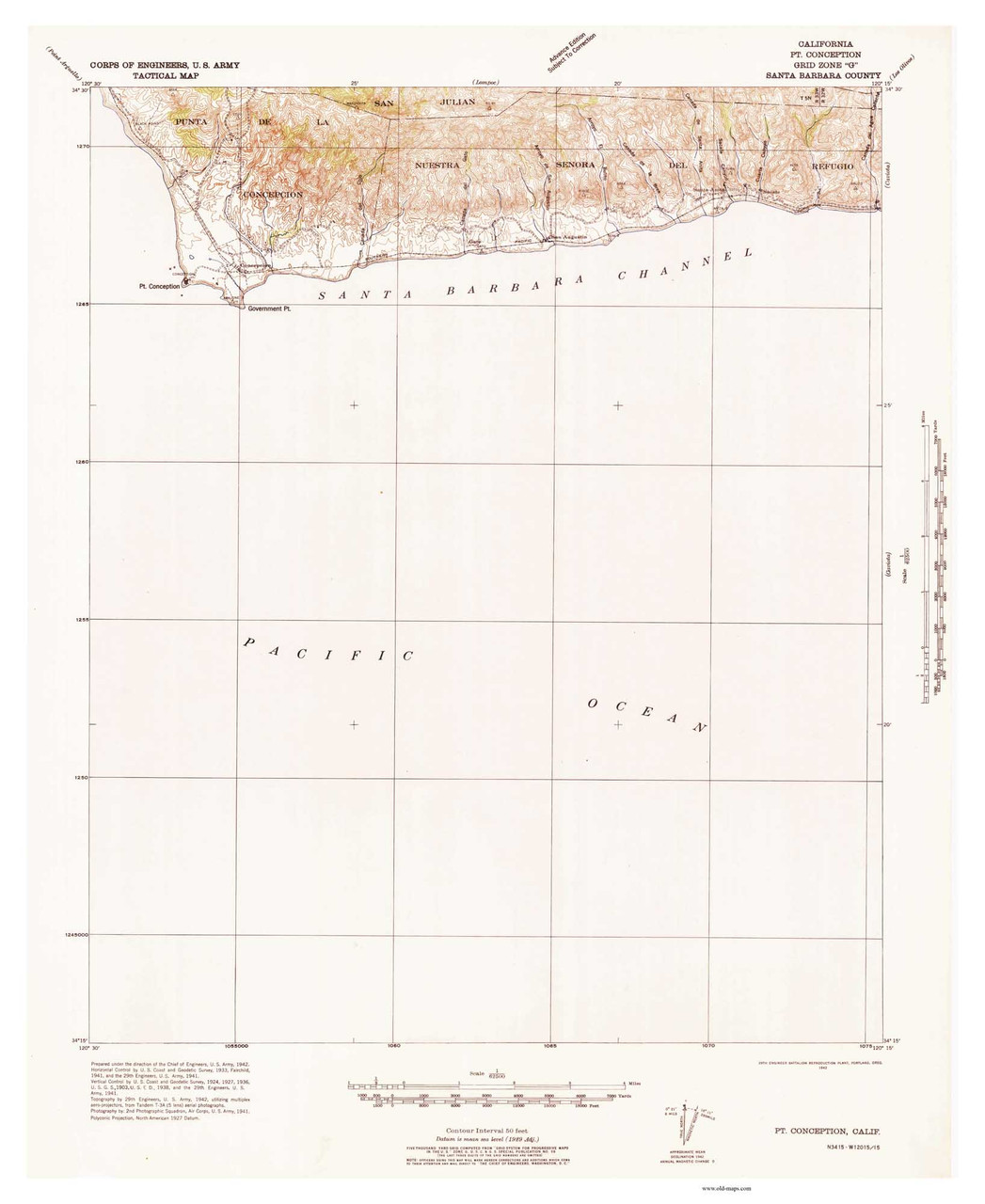 Point Conception, CA Coast 1942 USGS Old Topo Map 15x15 Quad - OLD MAPS