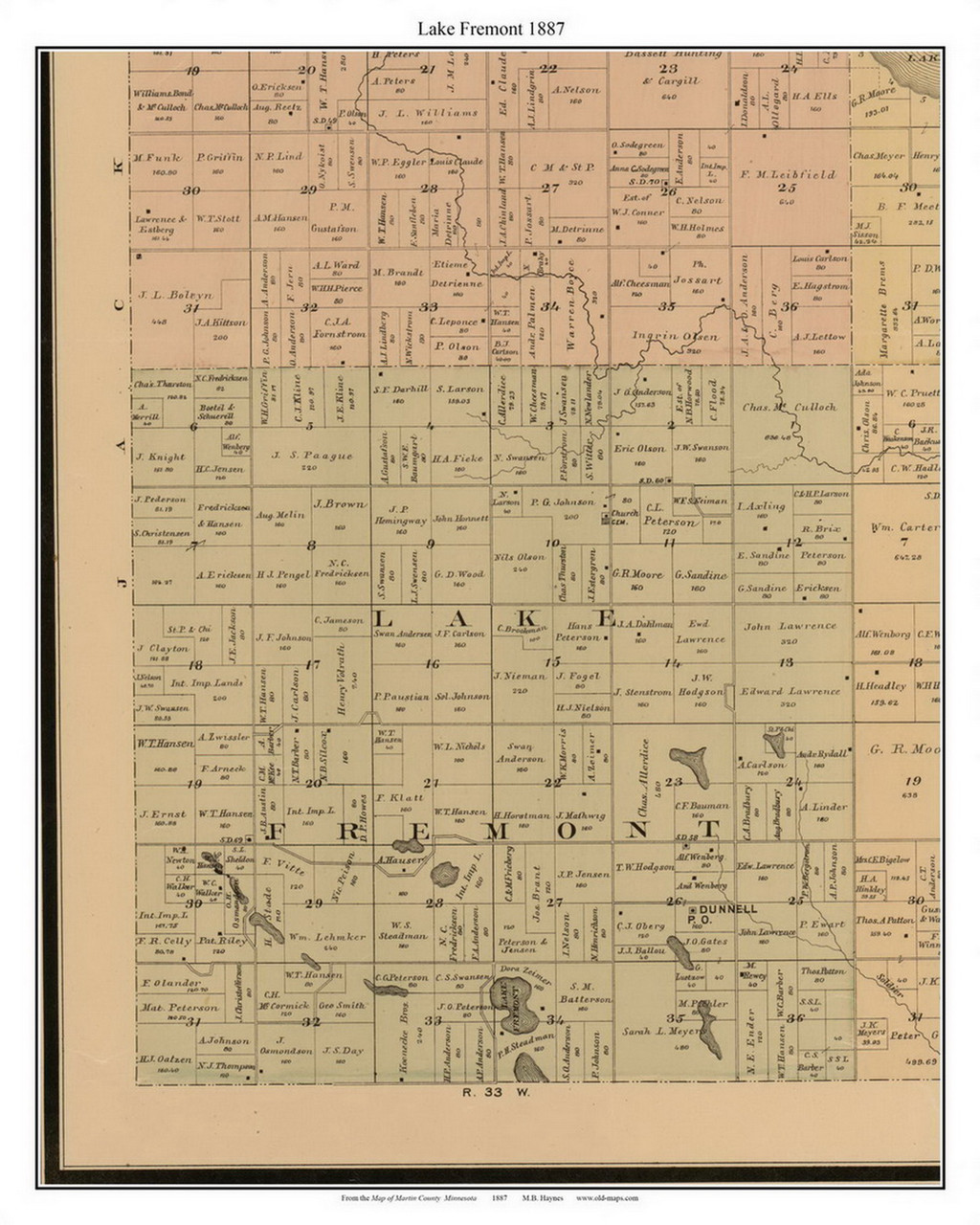 Lake Fremont, Martin Co. Minnesota 1887 Old Town Map Custom Print ...
