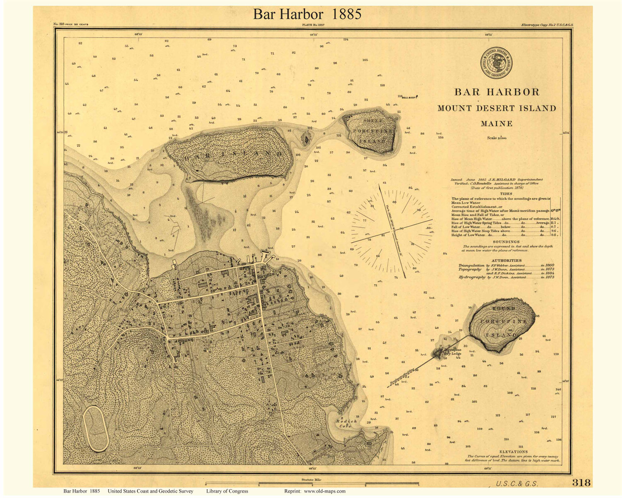 Bar Harbor, Maine Old Map Reprint USCGS 1885 - Cities Other - OLD MAPS