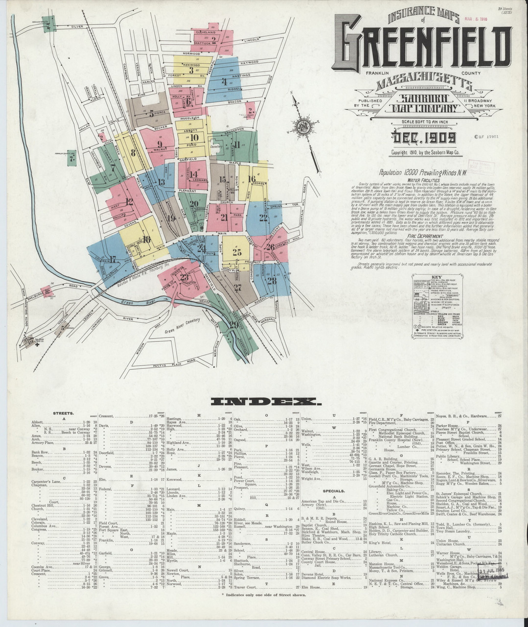 Greenfield 1909 Old Map Massachusetts Fire Insurance Index Old Maps