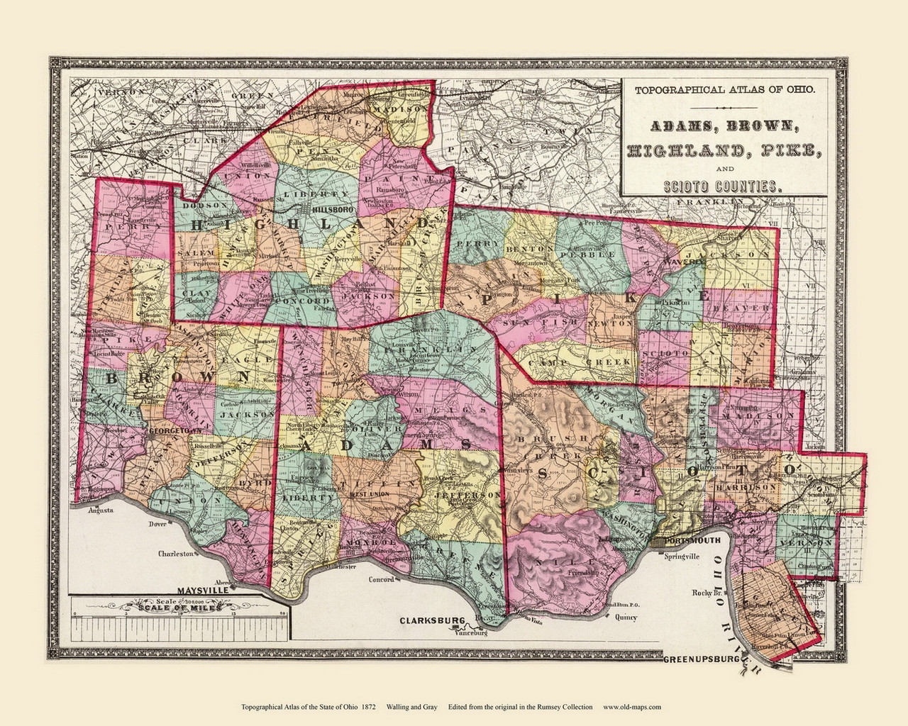 Adams, Brown, Highland, Pike & Scioto Counties Ohio Regional Map, Ohio ...