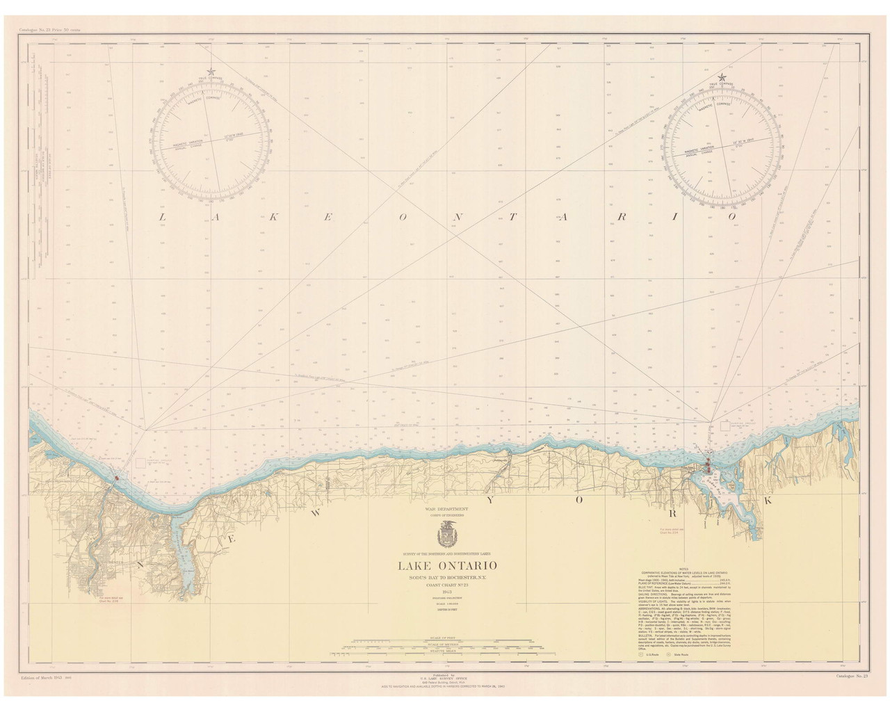 Sodus Bay to Rochester 1943 Lake Ontario Harbor Chart Reprint Great ...
