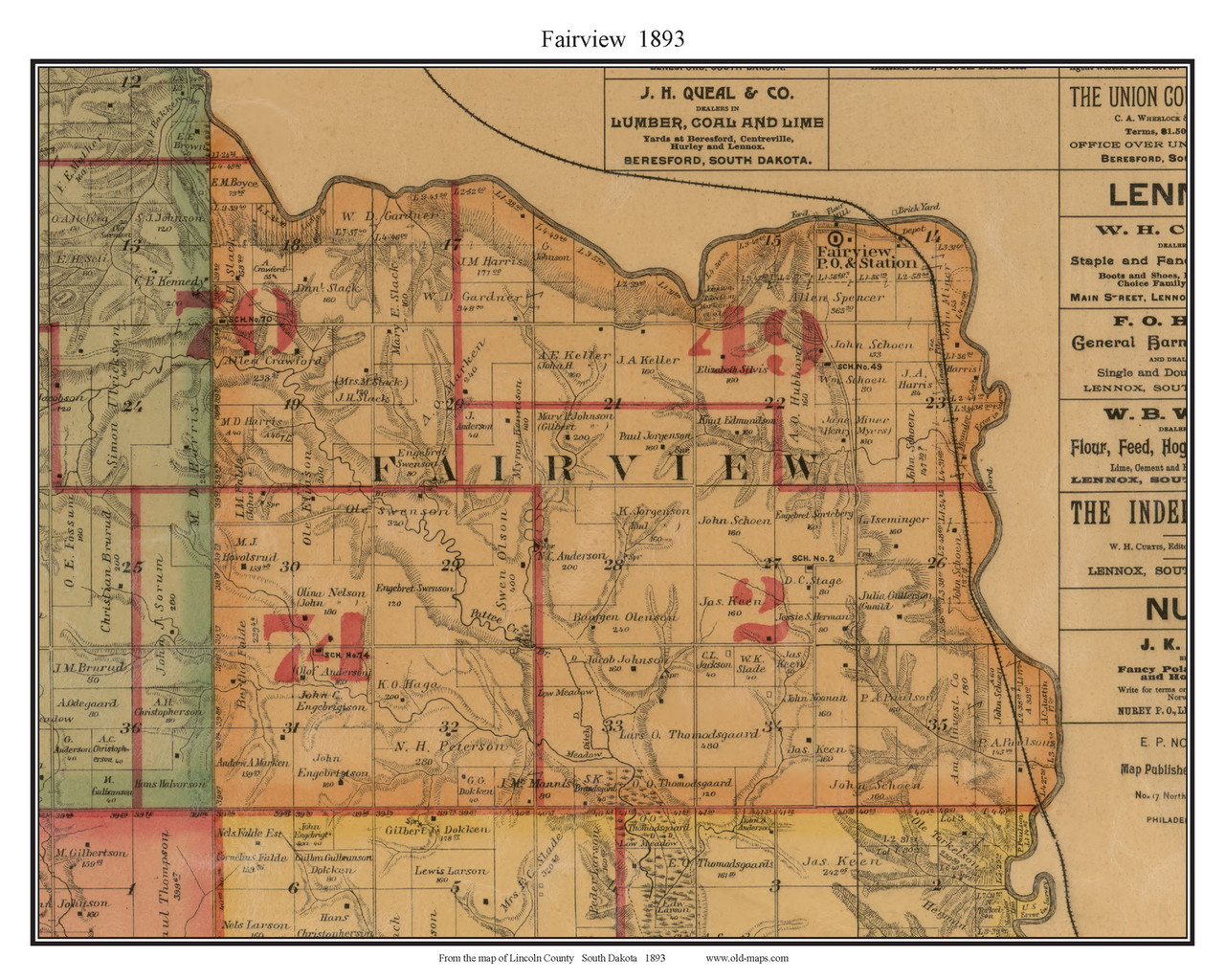 Fairview, South Dakota 1893 Old Town Map Custom Print - Lincoln Co ...