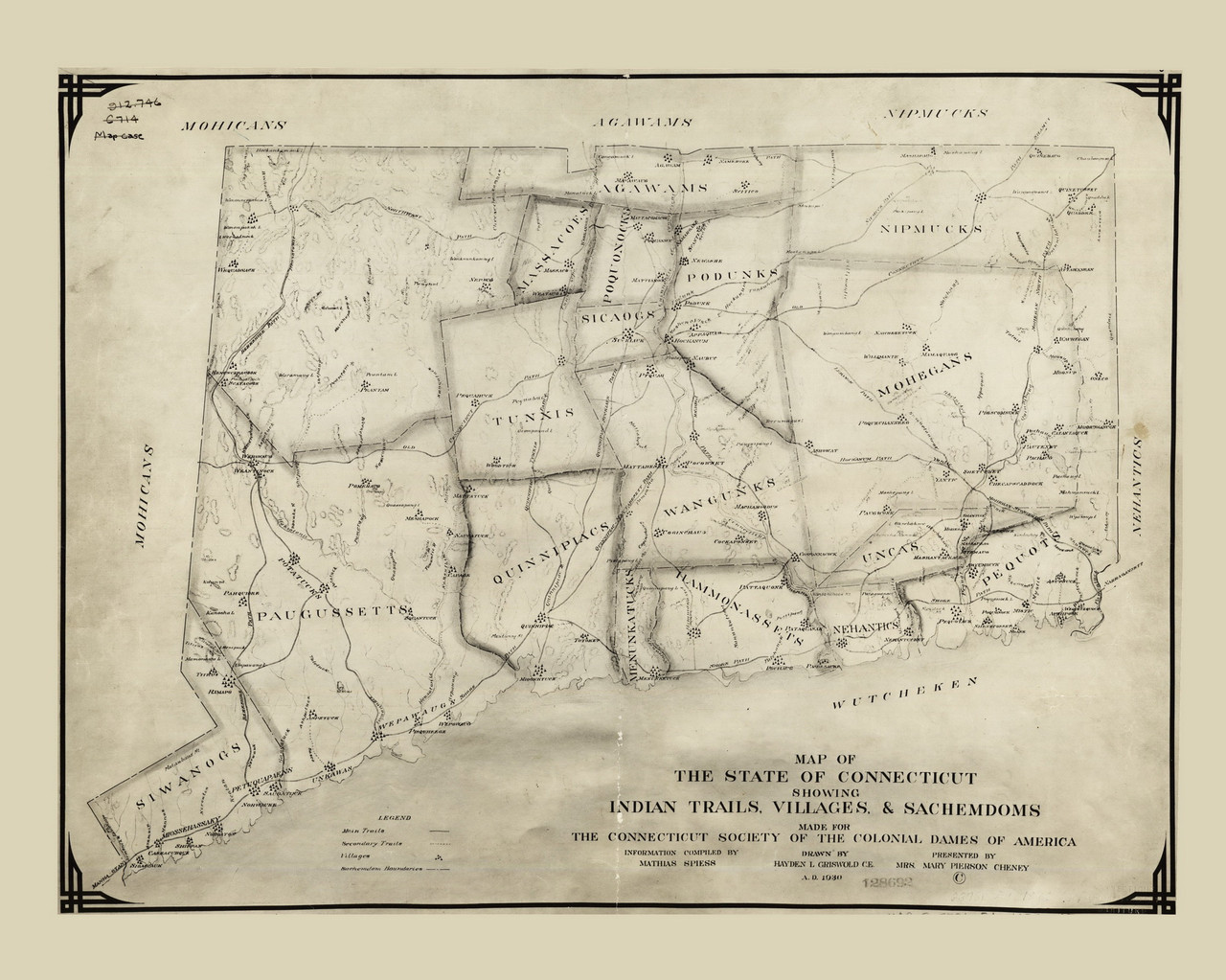 Connecticut ca. 1625 Griswold B&W - Old State Map Reprint - OLD MAPS