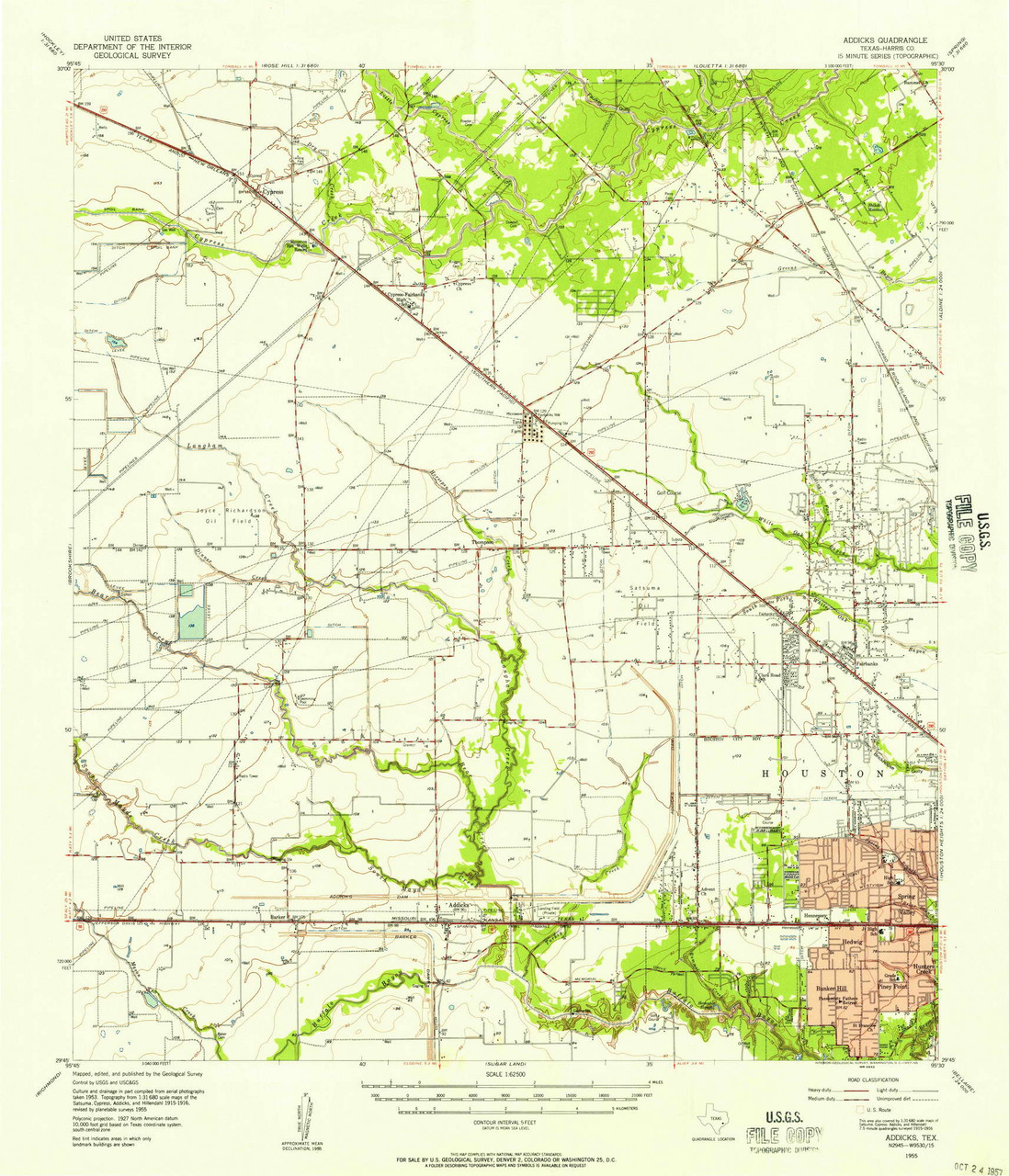 Addicks, Texas 1955 (1957) USGS Old Topo Map Reprint 15x15 TX Quad ...