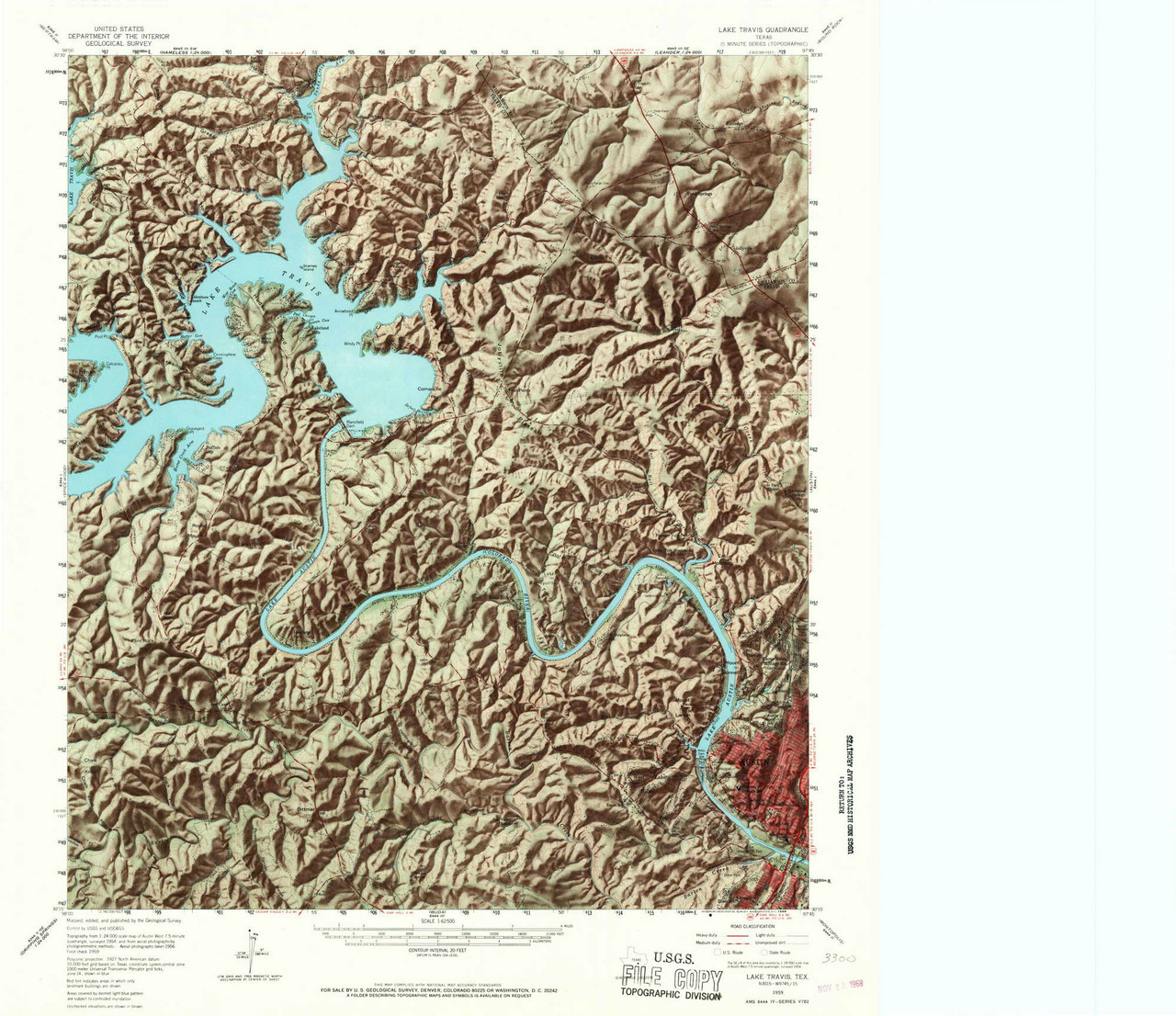 Lake Travis, Texas 1959 (1968) USGS Old Topo Map Reprint 15x15 TX Quad ...