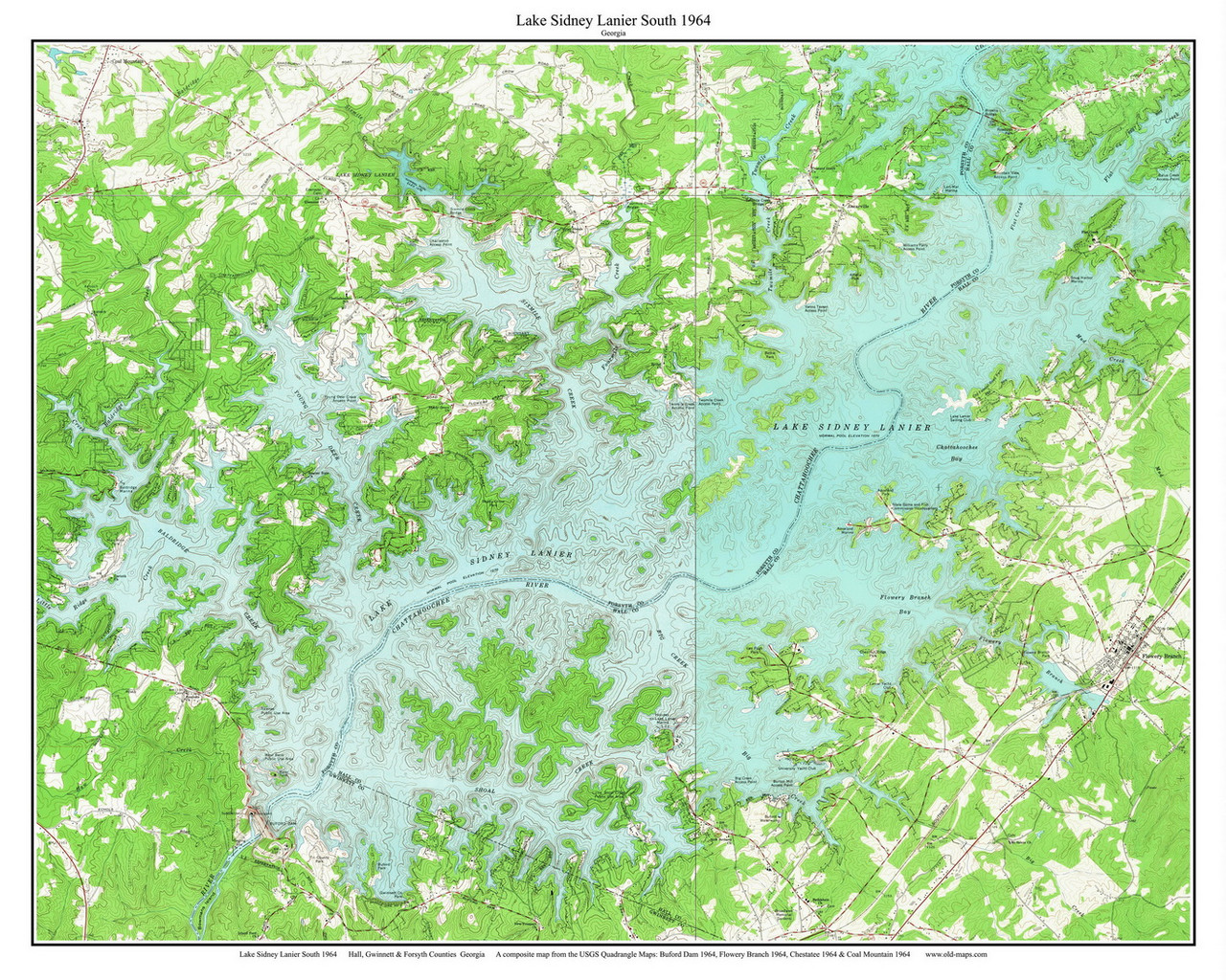 Lake Sidney Lanier South 1964 - Custom USGS Old Topo Map - Georgia ...