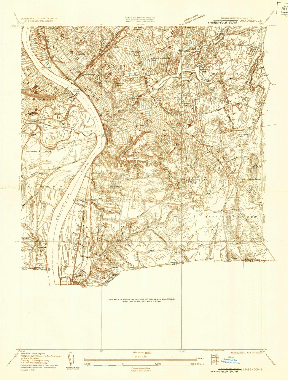 Longmeadow, Massachusetts 1933 () USGS Old Topo Map Reprint 7x7 MA Quad ...