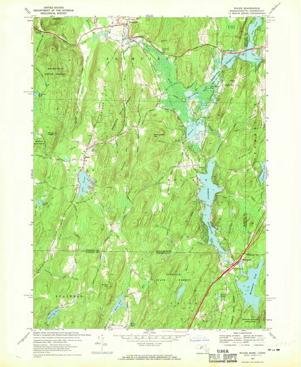 Wales, Massachusetts 1967 (1970) USGS Old Topo Map Reprint 7x7 MA Quad ...