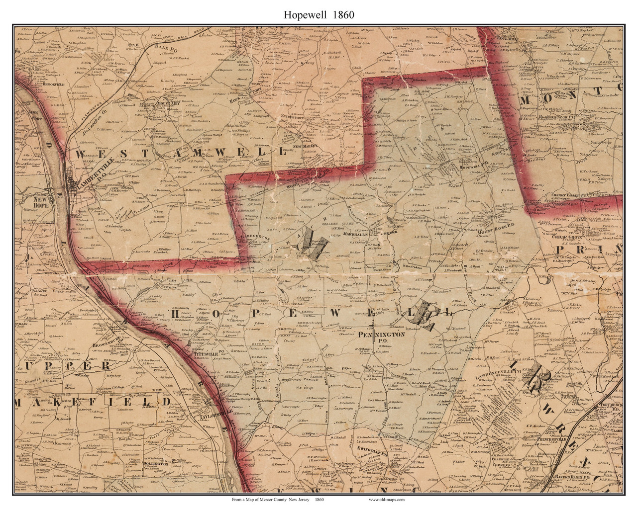 Hopewell, New Jersey 1860 Old Town Map Custom Print - Mercer Co. - OLD MAPS