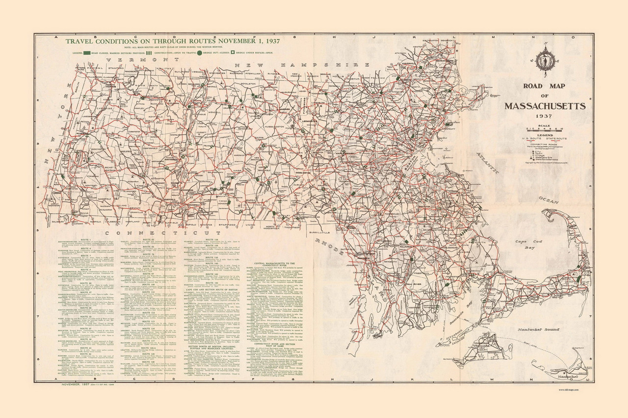Massachusetts 1937 State Highway Map Reprint - OLD MAPS