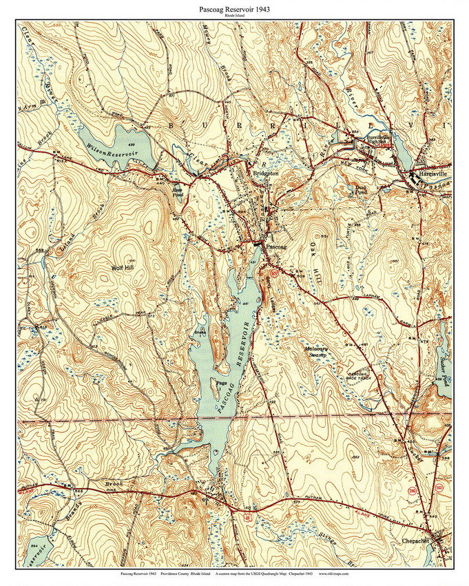 Pascoag Reservoir 1943 - Custom USGS Old Topo Map - Rhode Island Lakes ... Pascoag Reservoir 1943 - Custom USGS Old Topo Map - Rhode Island Lakes ...