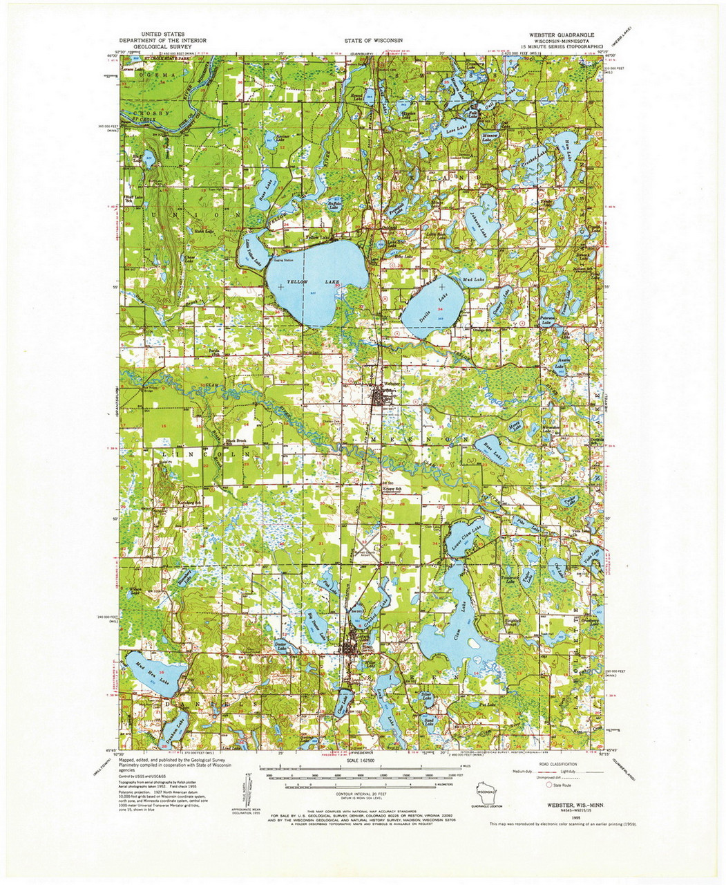 Webster, Wisconsin 1955 (1979) USGS Old Topo Map Reprint 15x15 WI Quad ...