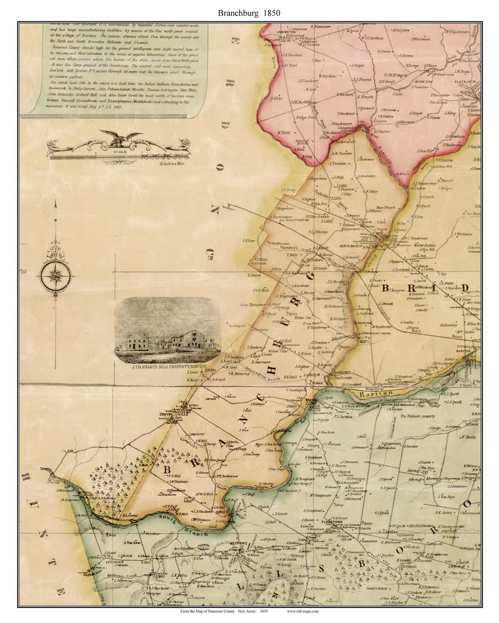 Branchburg, New Jersey 1850 Old Town Map Custom Print - Somerset Co ...