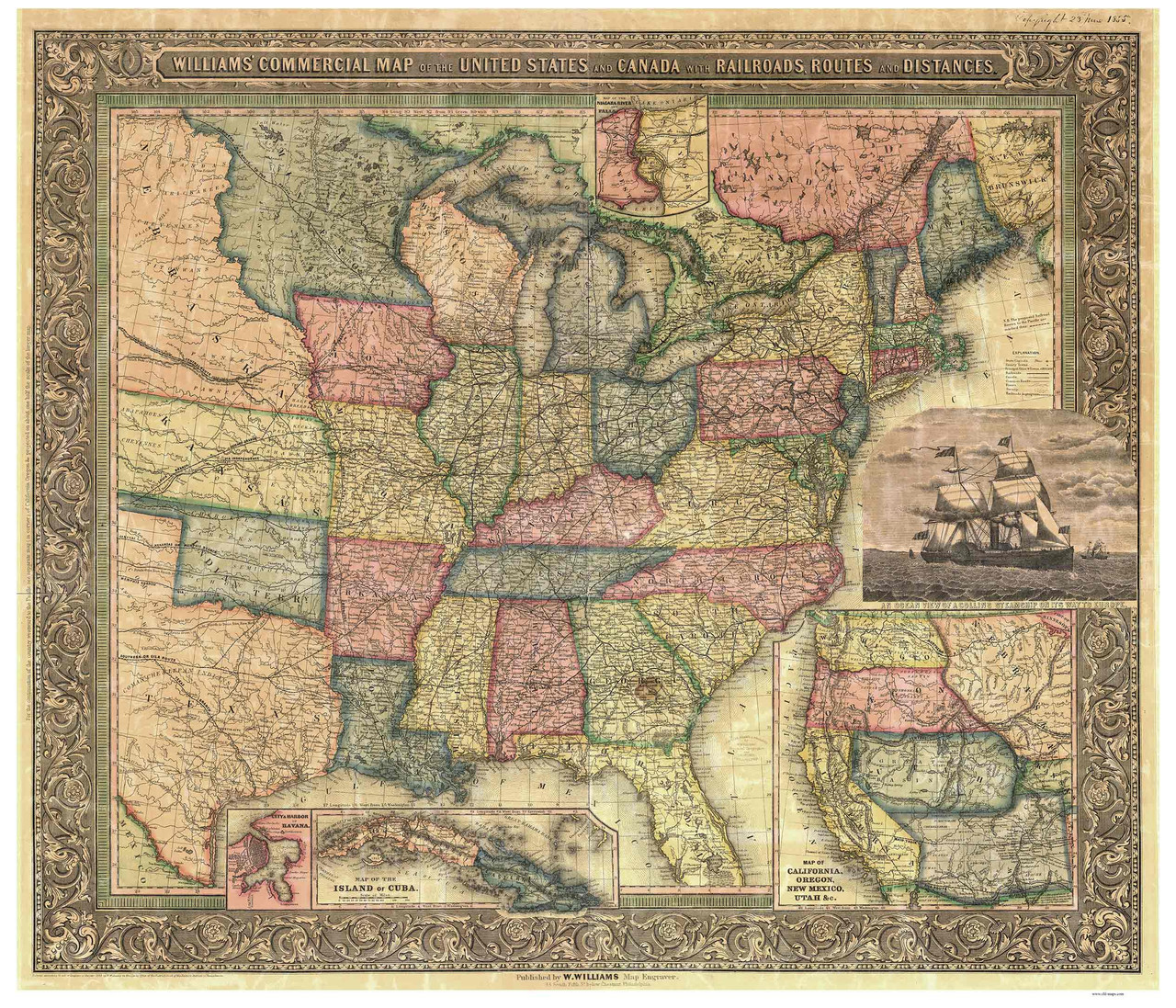 USA 1855 Railroad Map W. Williams - Old Map Reprint USA RR Map - OLD MAPS