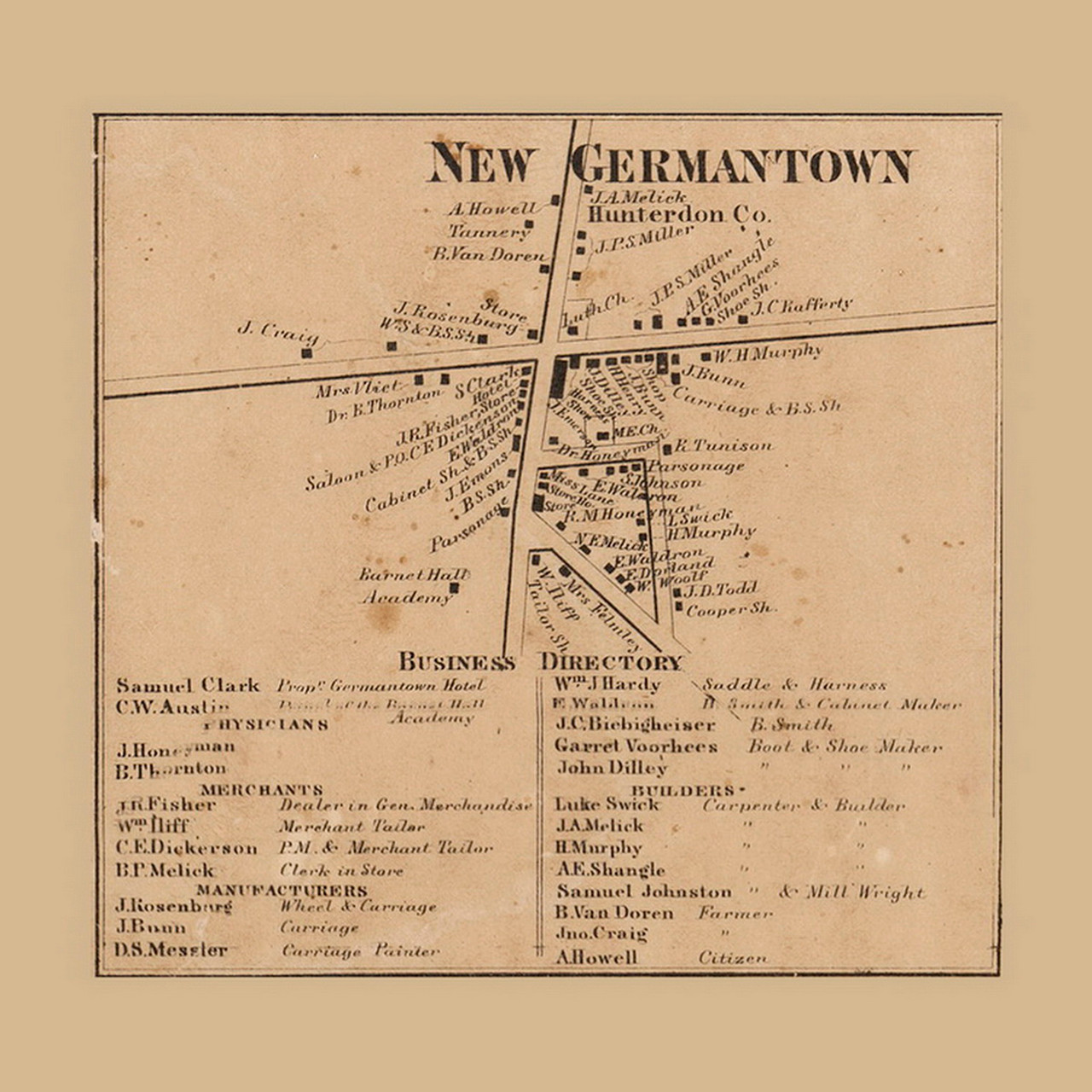 New Germantown Village New Jersey 1860 Old Town Map Custom Print