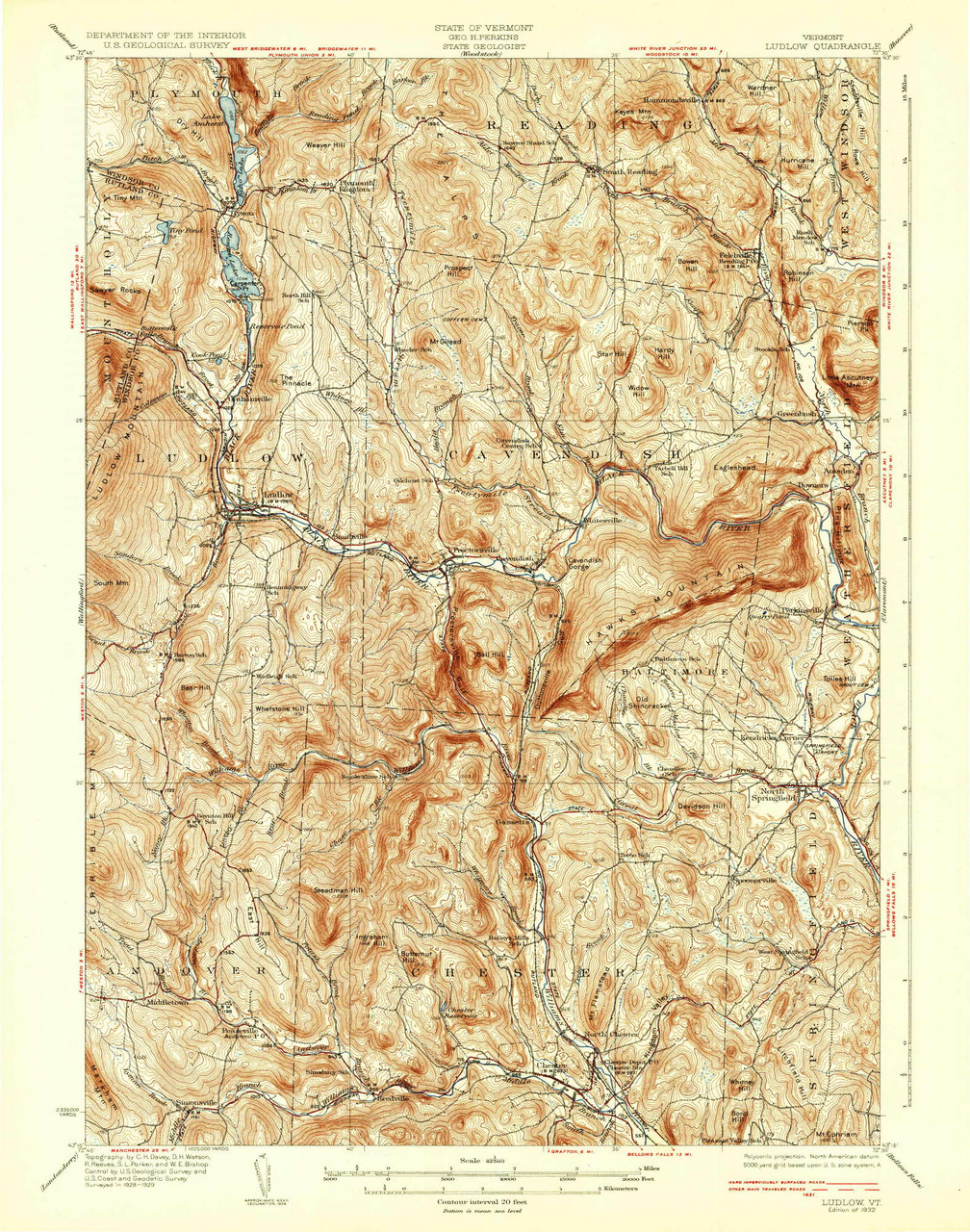 Ludlow, Vermont 1932 () USGS Old Topo Map Reprint 15x15 VT Quad 460027 ...