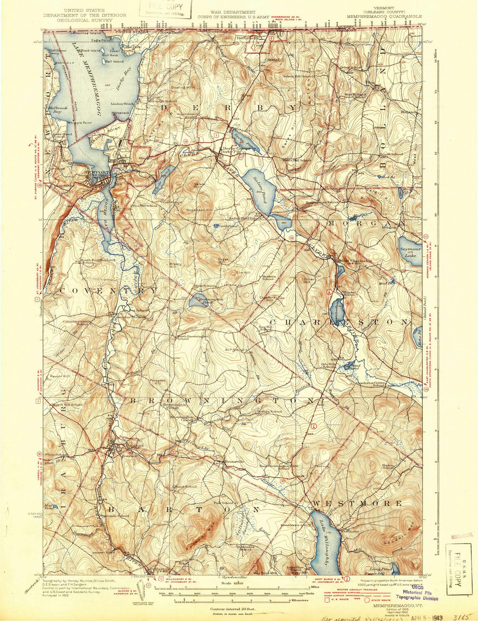 Memphremagog, Vermont 1925 (1943) USGS Old Topo Map Reprint 15x15 VT ...