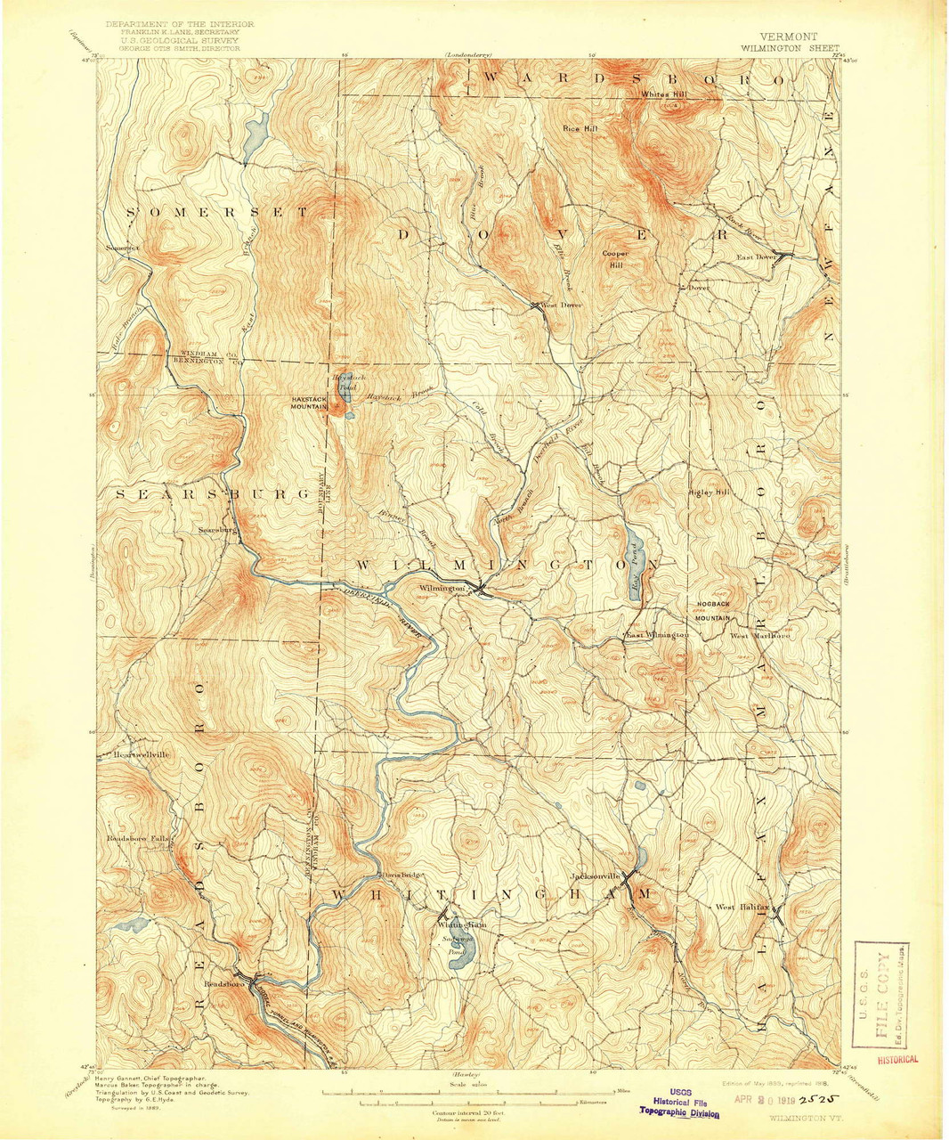 Wilmington, Vermont 1889 (1918) USGS Old Topo Map Reprint 15x15 VT Quad ...