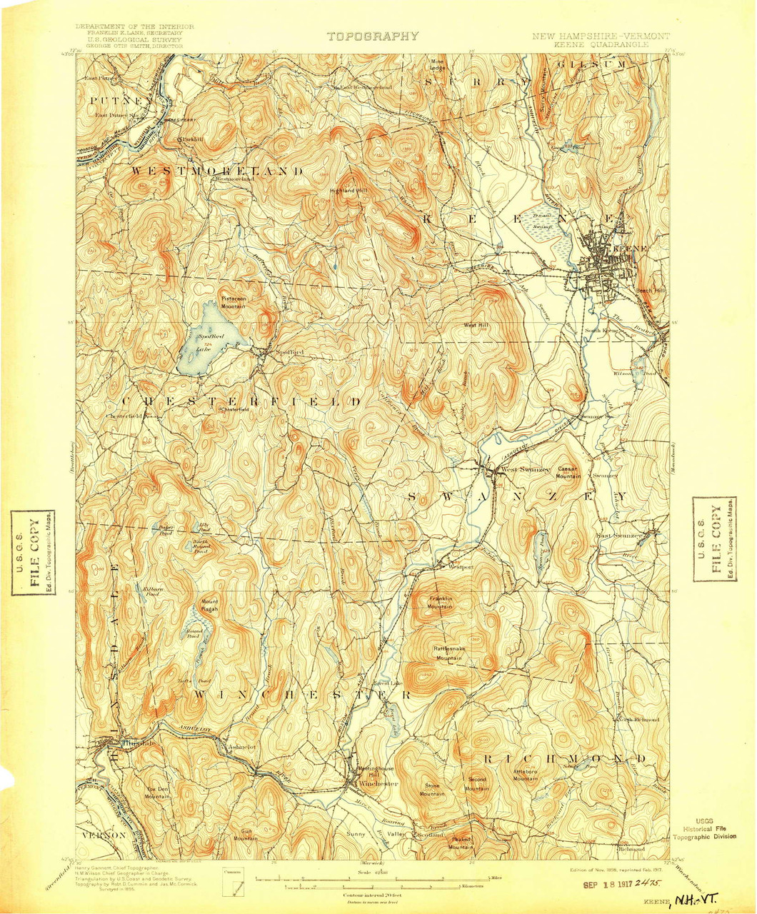 Keene, New Hampshire 1898 (1917) USGS Old Topo Map Reprint 15x15 VT ...
