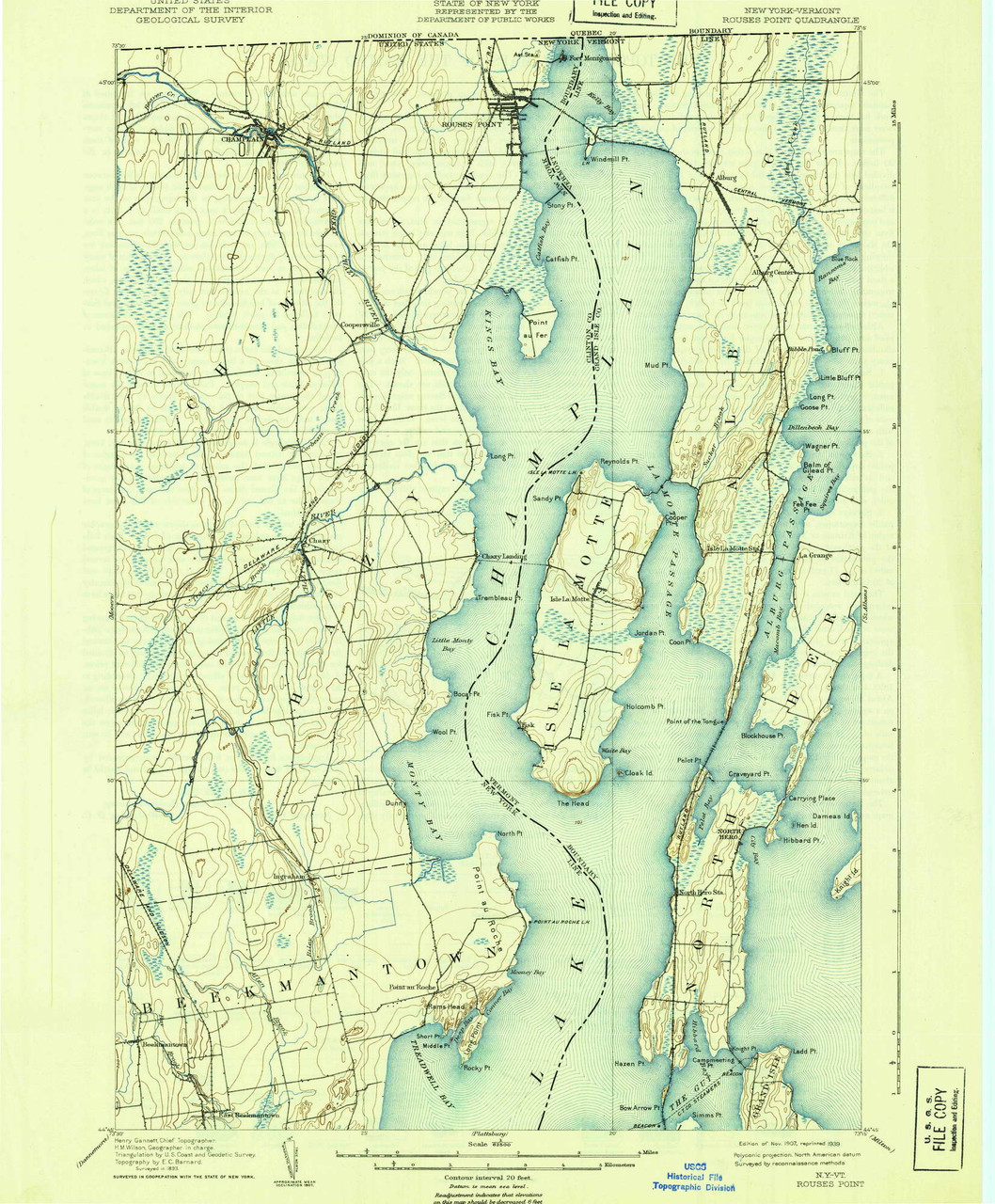 Rouses Point, New York 1907 (1939) USGS Old Topo Map Reprint 15x15 VT ...
