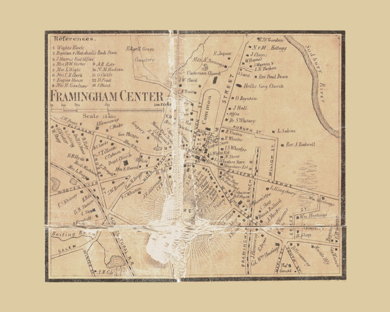 Framingham Center, Framingham Massachusetts 1856 Old Town Map Custom ...