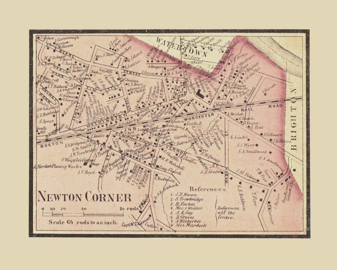 Newton Corner, Newton Massachusetts 1856 Old Town Map Custom Print ...