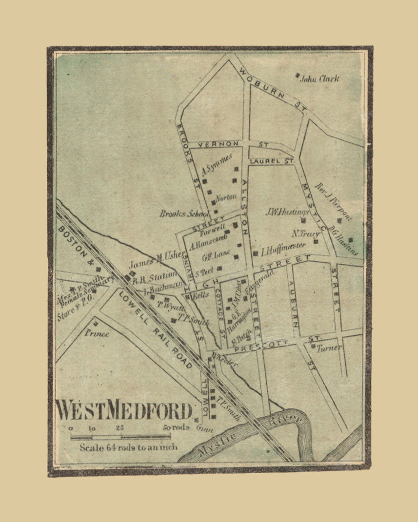 West Medford, Medford Massachusetts 1856 Old Town Map Custom Print ...