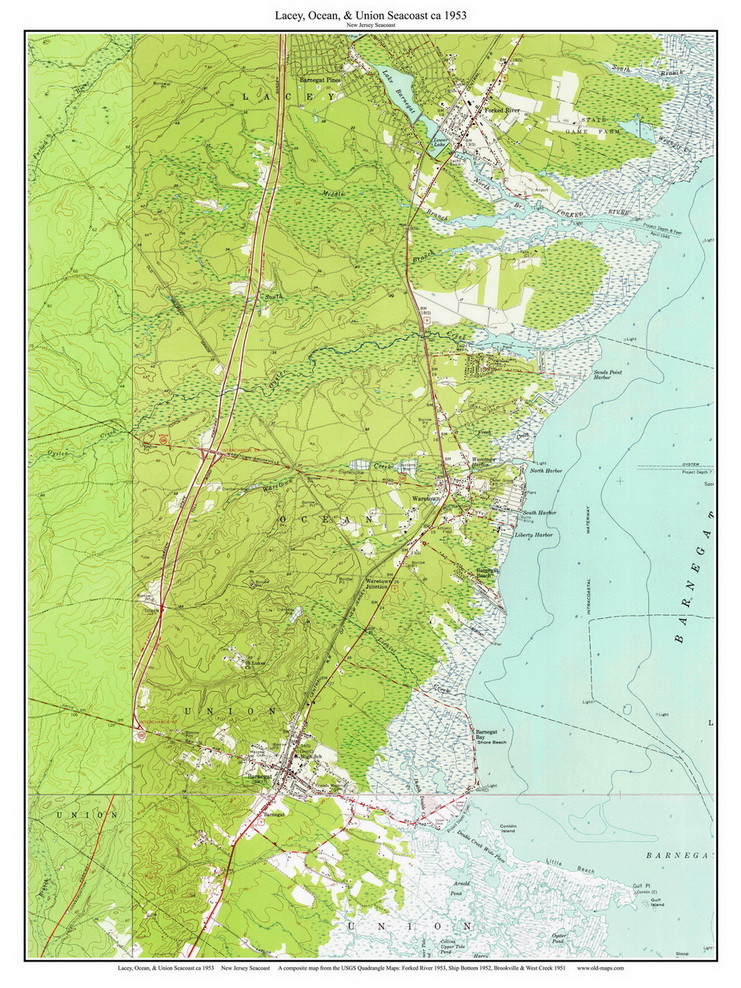 Lacey Ocean Union 1953 - Custom USGS Old Topo Map - New Jersey 09 - OLD ...