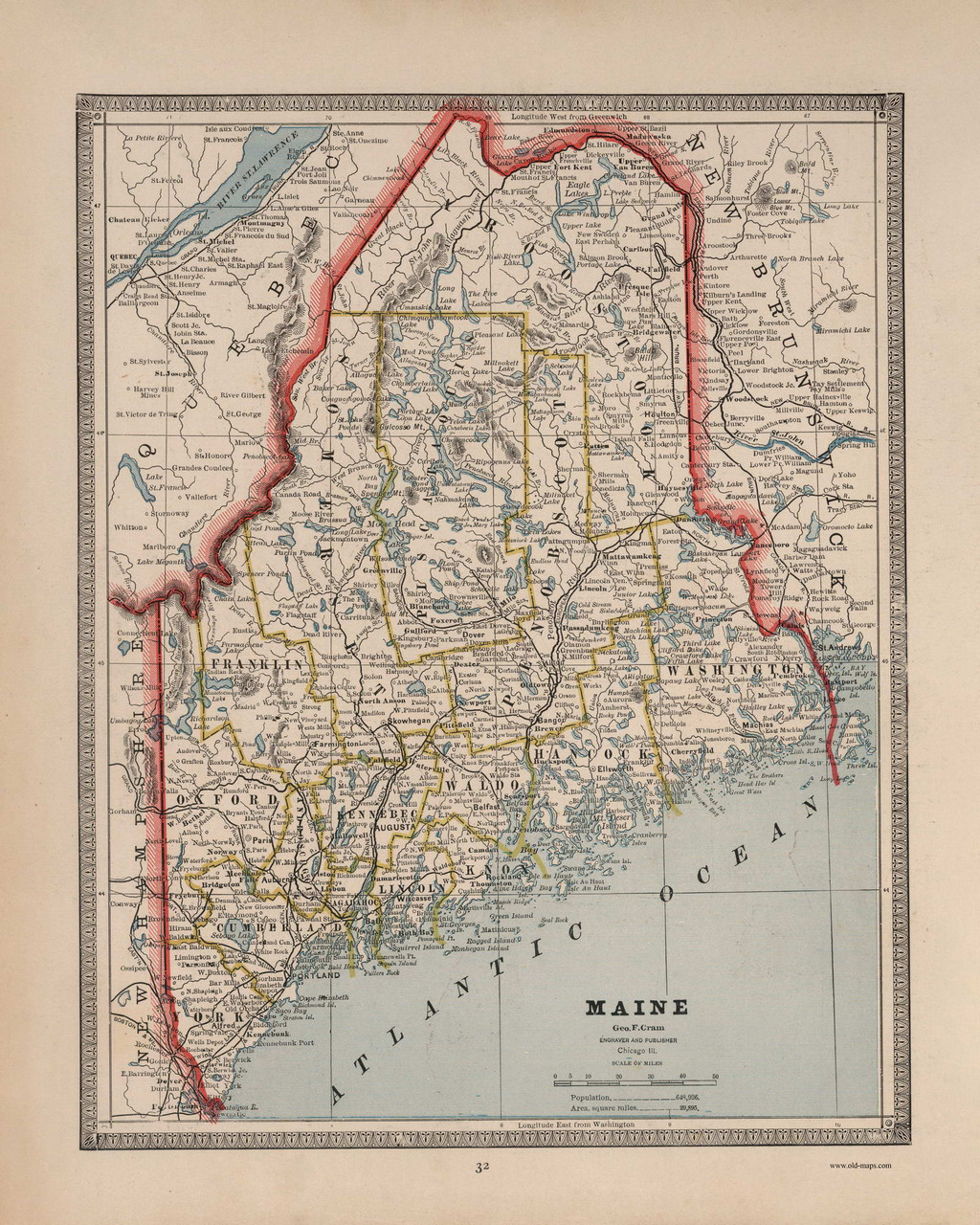 Maine 1883 Cram - Old State Map Reprint - OLD MAPS