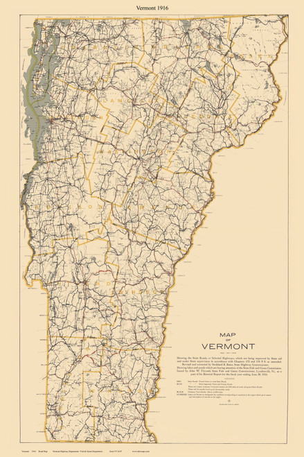 Vermont 1916 - Road Map - Old State Map Reprint - OLD MAPS