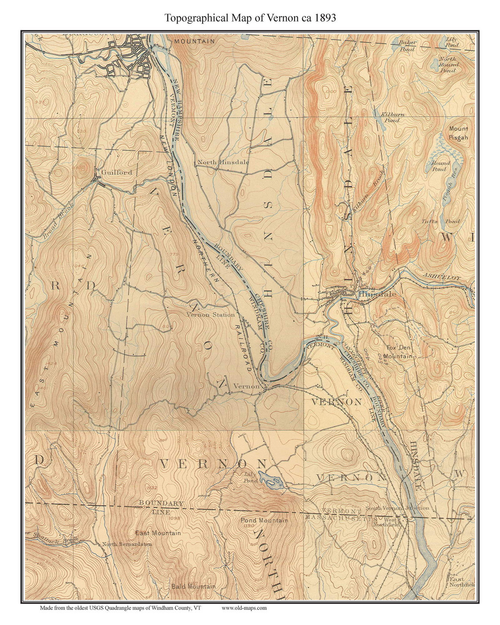Vernon 1933 - Custom USGS Old Topo Map - Vermont - OLD MAPS