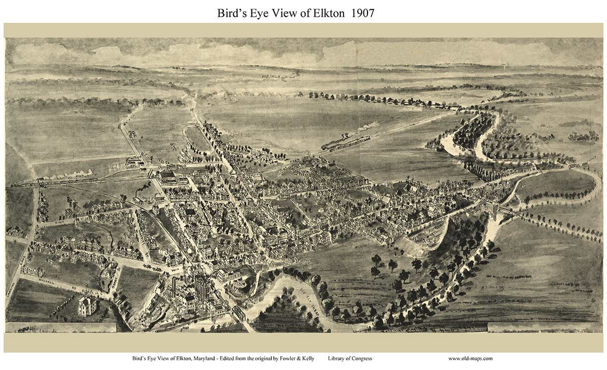 Elkton, Maryland 1907 Custom Bird's Eye View - OLD MAPS