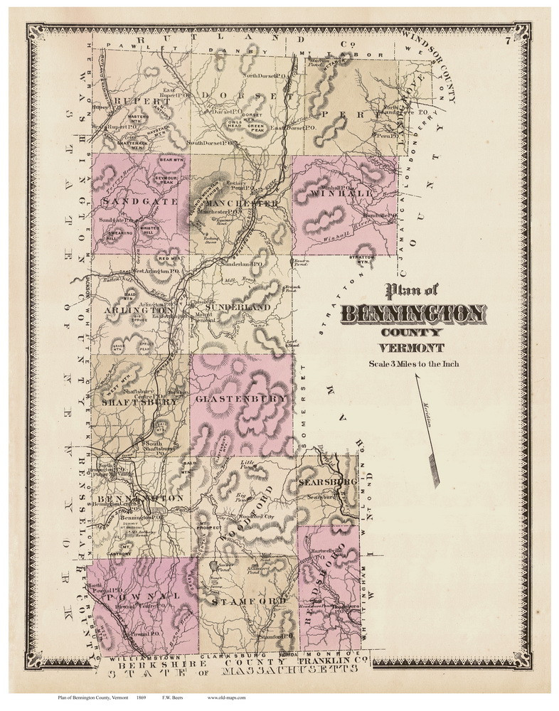 Bennington County Vermont 1869 - F.W. Beers - Old Map Reprint - VT ...