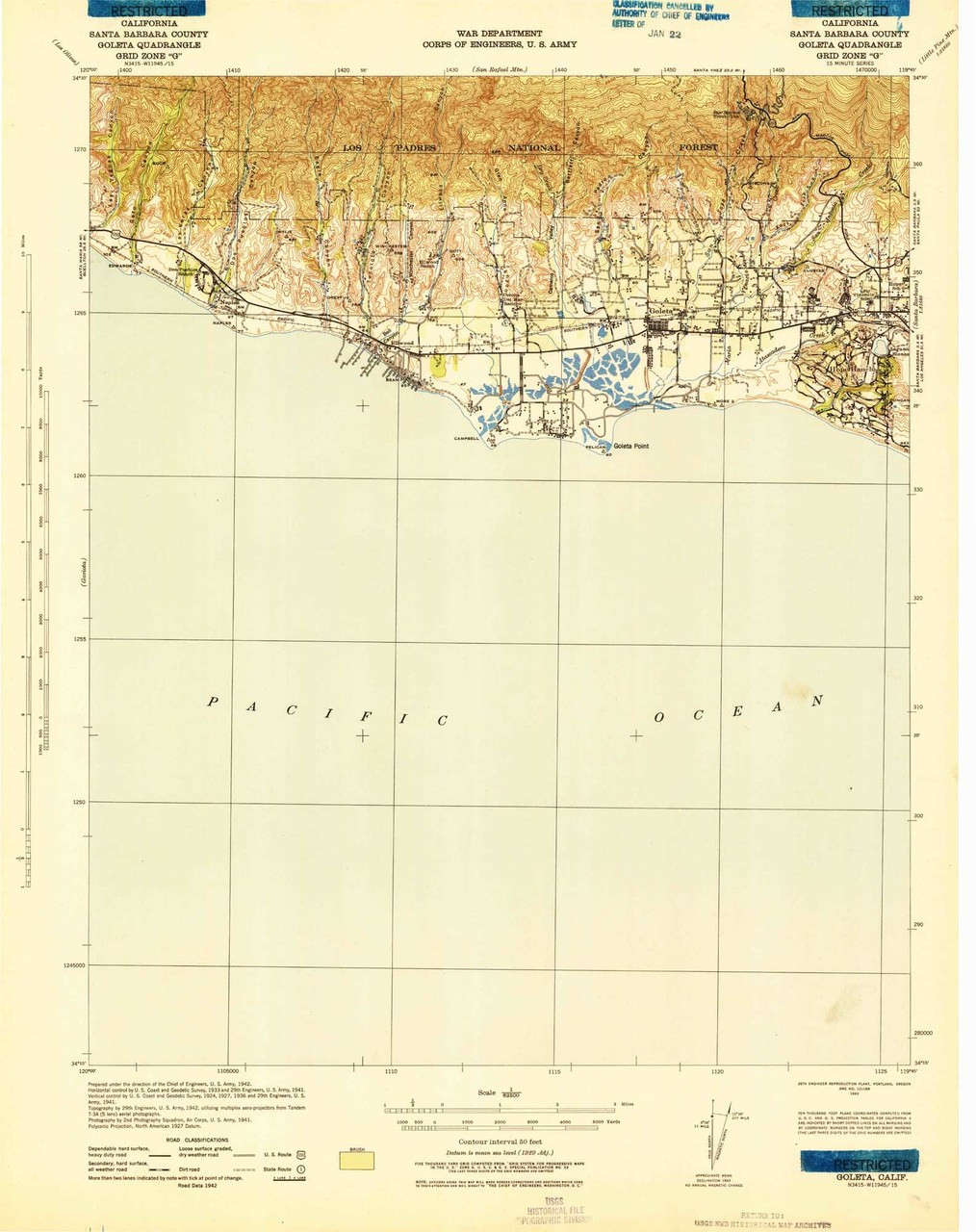 Goleta, California 1942 (1943) USGS Old Topo Map 15x15 Quad - OLD MAPS