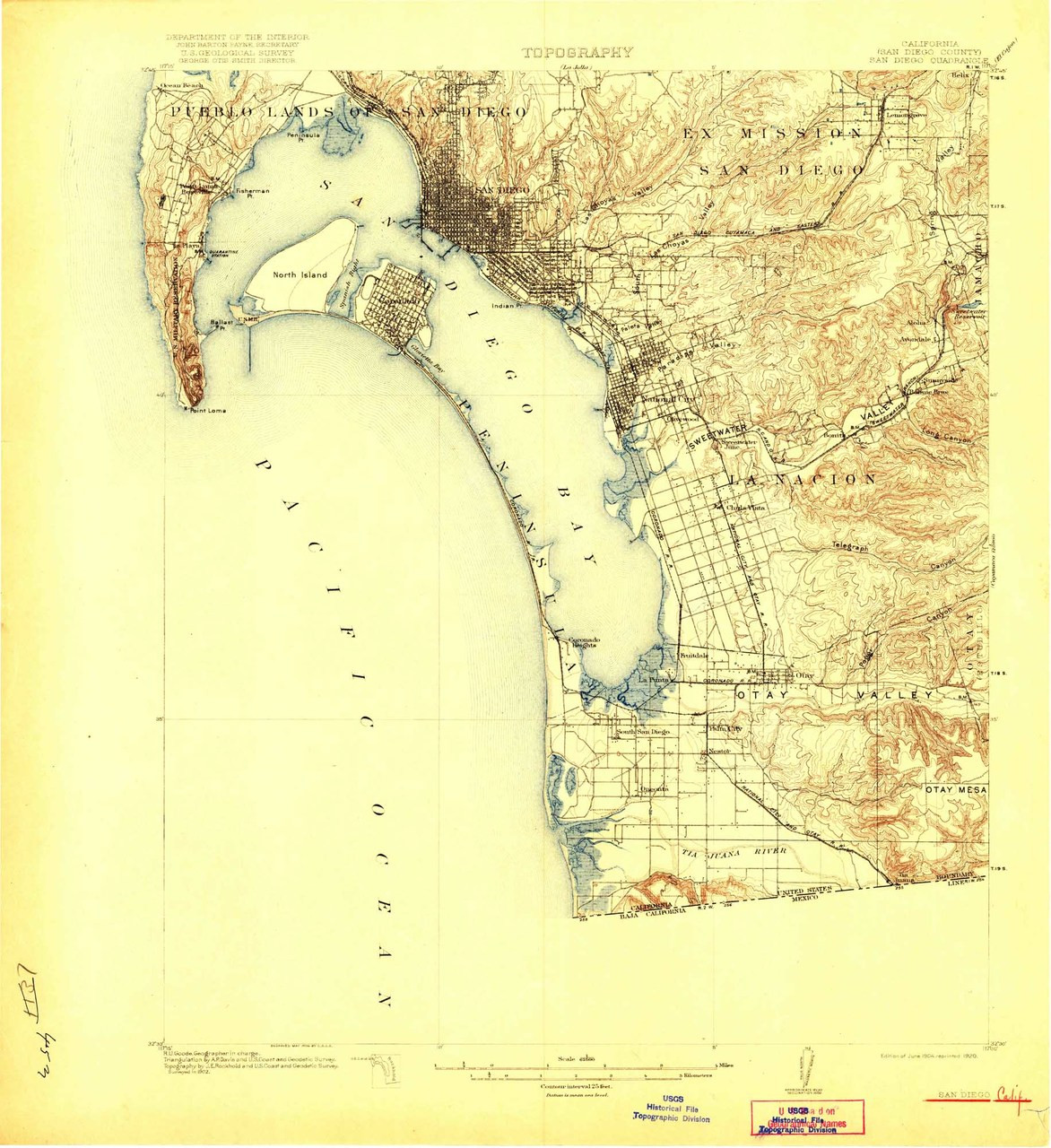 San Diego, California 1904 (1920) USGS Old Topo Map 15x15 Quad - OLD MAPS