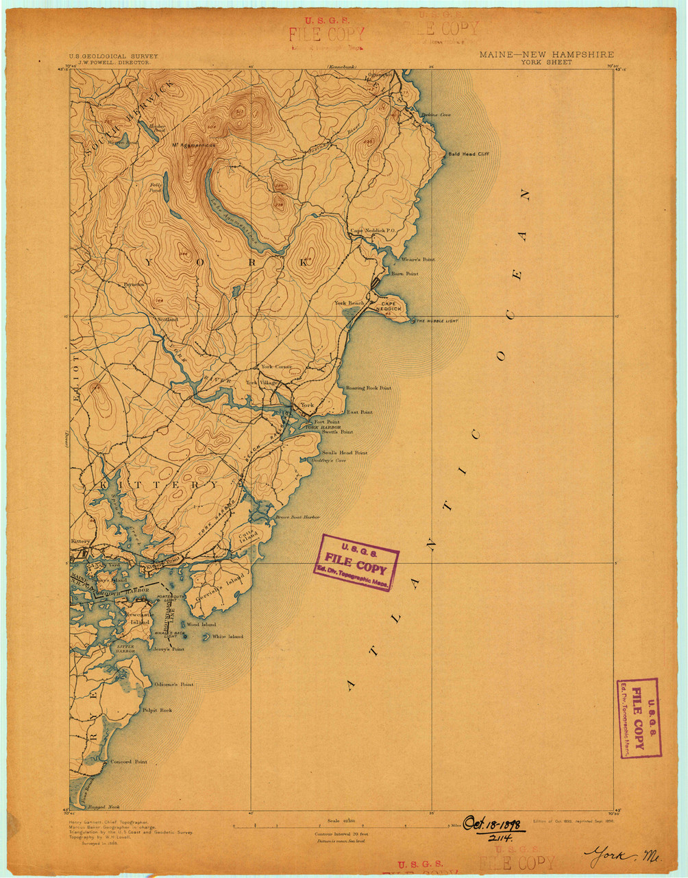 York, Maine 1893 (1898) USGS Old Topo Map 15x15 Quad - OLD MAPS