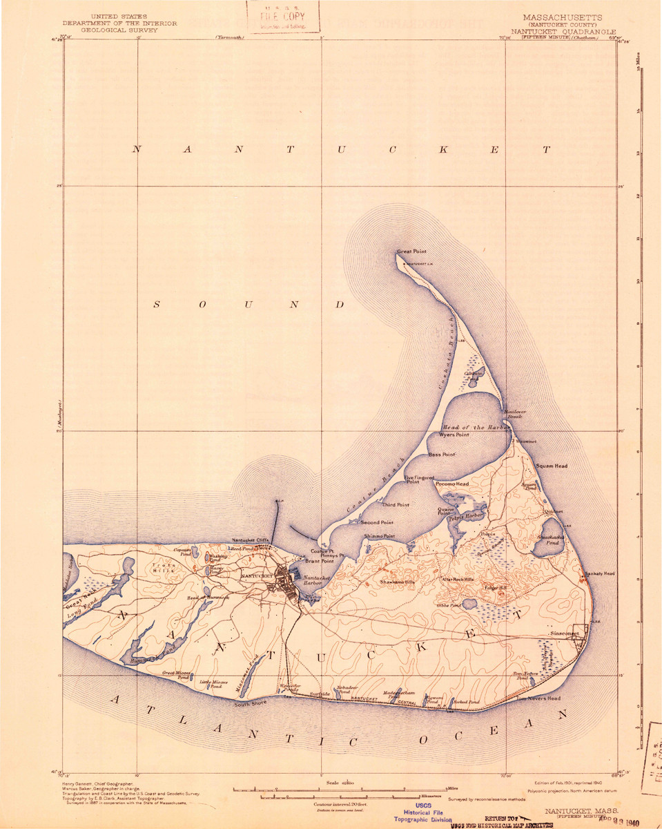 Nantucket, Massachusetts 1901 (1940) USGS Old Topo Map 15x15 Quad - OLD ...