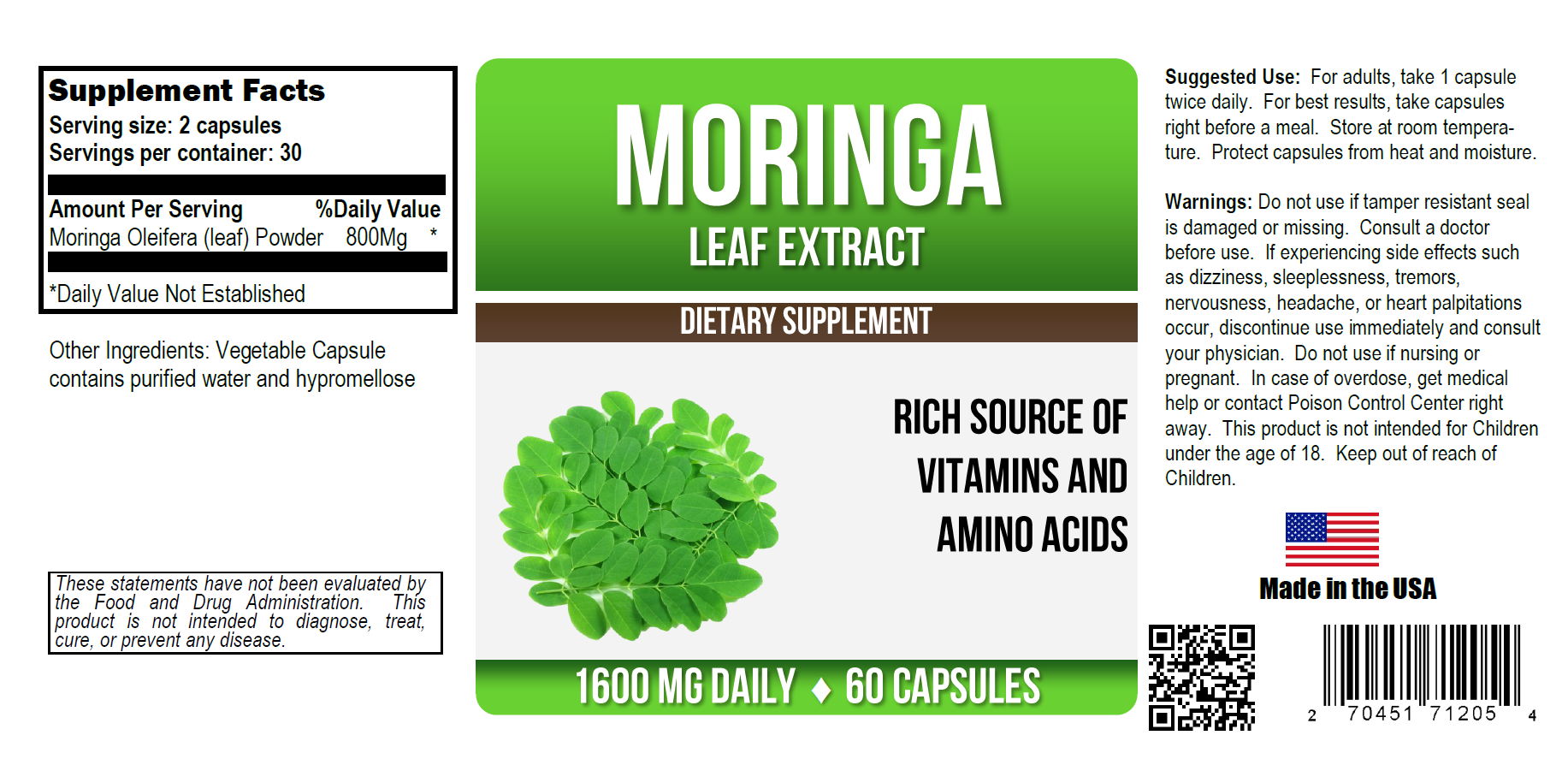 Moringa Leaf dietary supplement label information
