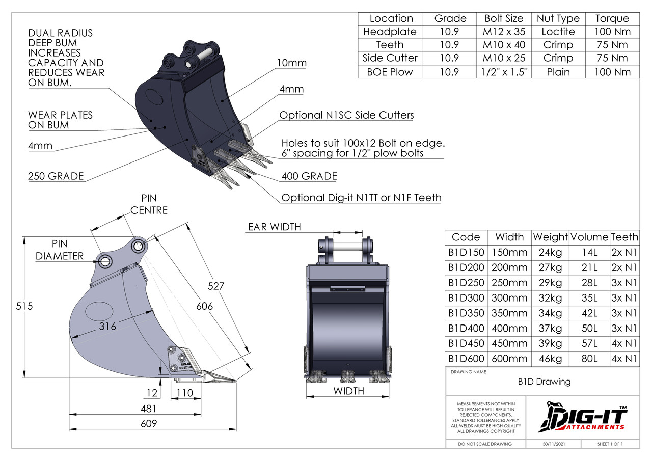 Excavator Bucket Size Chart