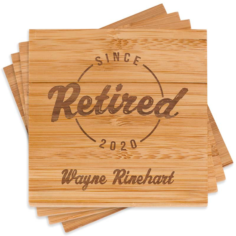 Personalized Retirement Gift Bamboo Coaster Set (4 Wood Coasters w ...