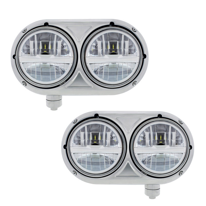 5 3/4" Peterbilt 359 Silver Style Stainless Dual Round LED Headlight ...