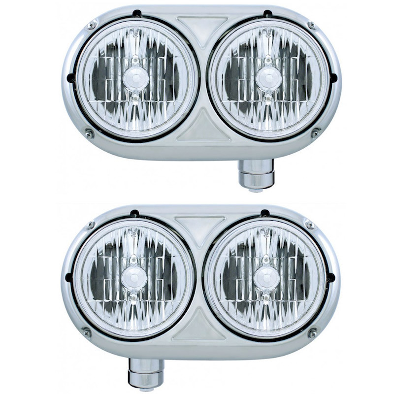 Peterbilt 359 Style Stainless Dual Round Headlight Crystal Halogen ...